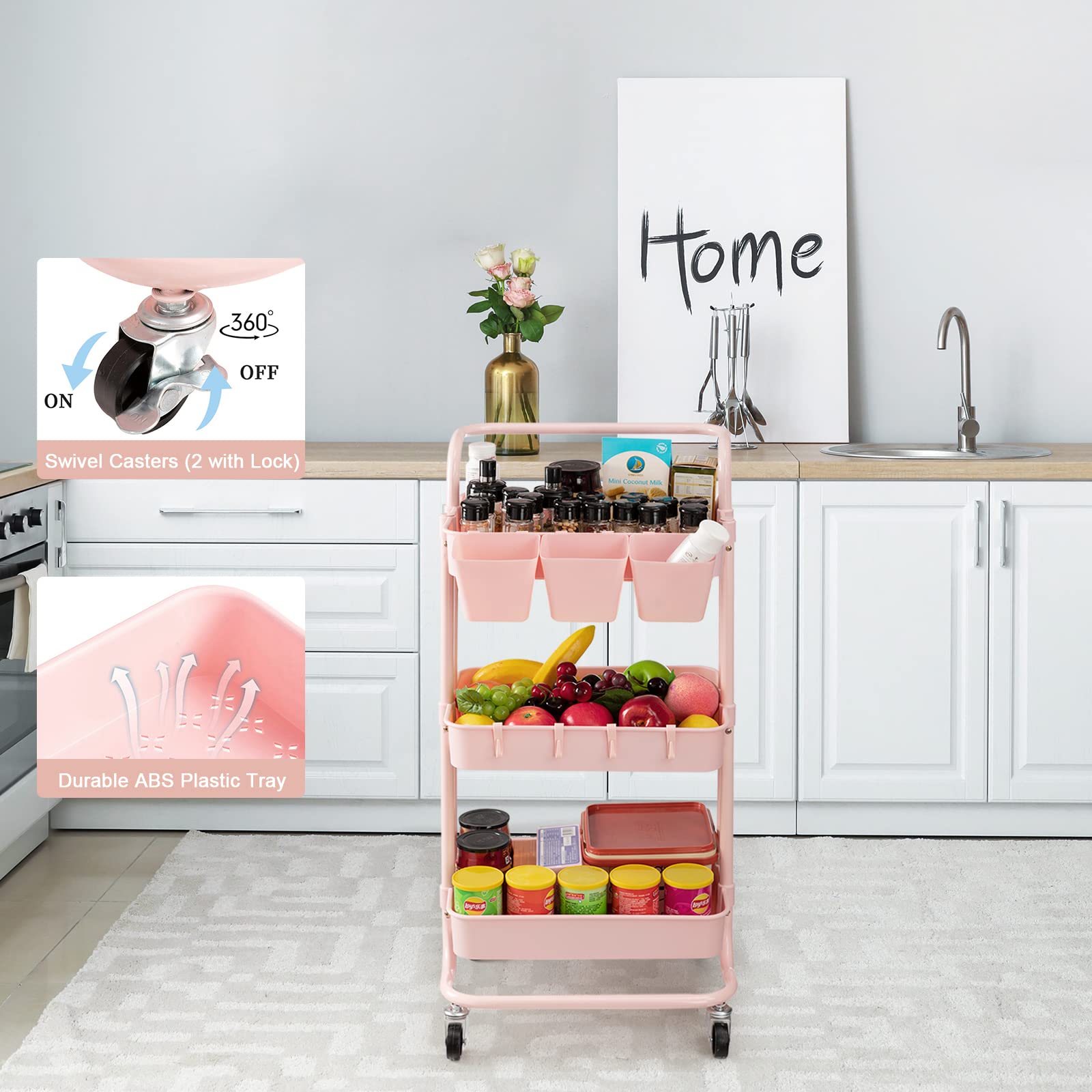 Seashell Pink 3-Tier Metal Tray with Hanging Hooks and Cups Cart ...