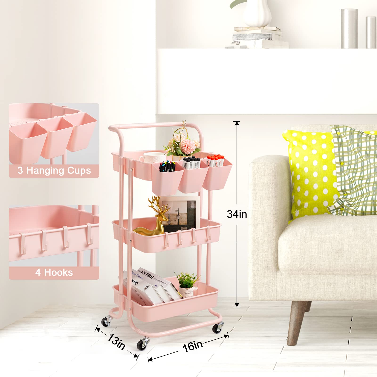 Seashell Pink 3-Tier Metal Tray with Hanging Hooks and Cups Cart ...